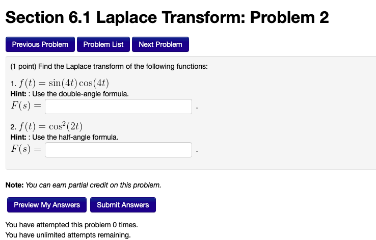 Solved Section 6.1 Laplace Transform: Problem 2 Previous | Chegg.com