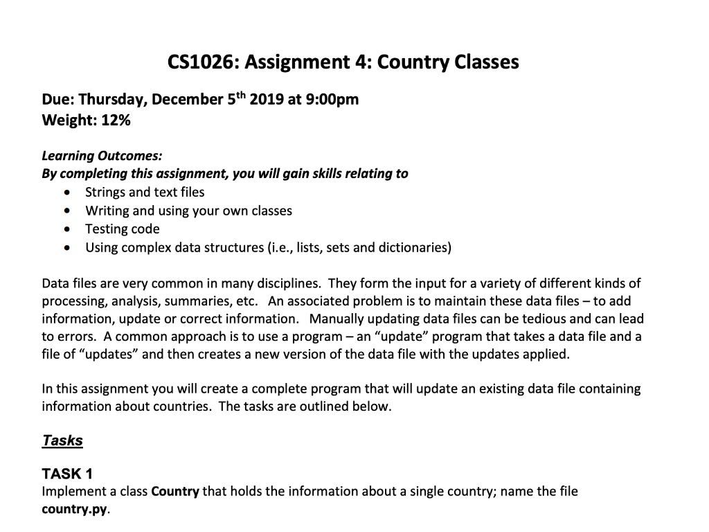 CS1026: Assignment 4: Country Classes Due: Thursday, | Chegg.com