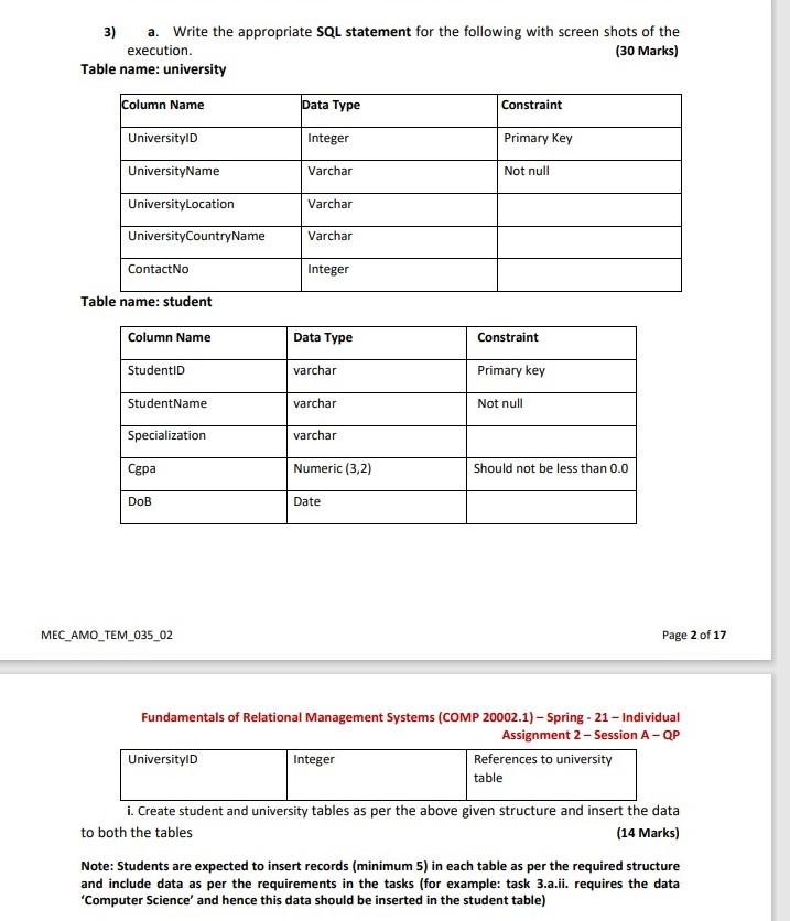 Solved 3) a. Write the appropriate SQL statement for the | Chegg.com