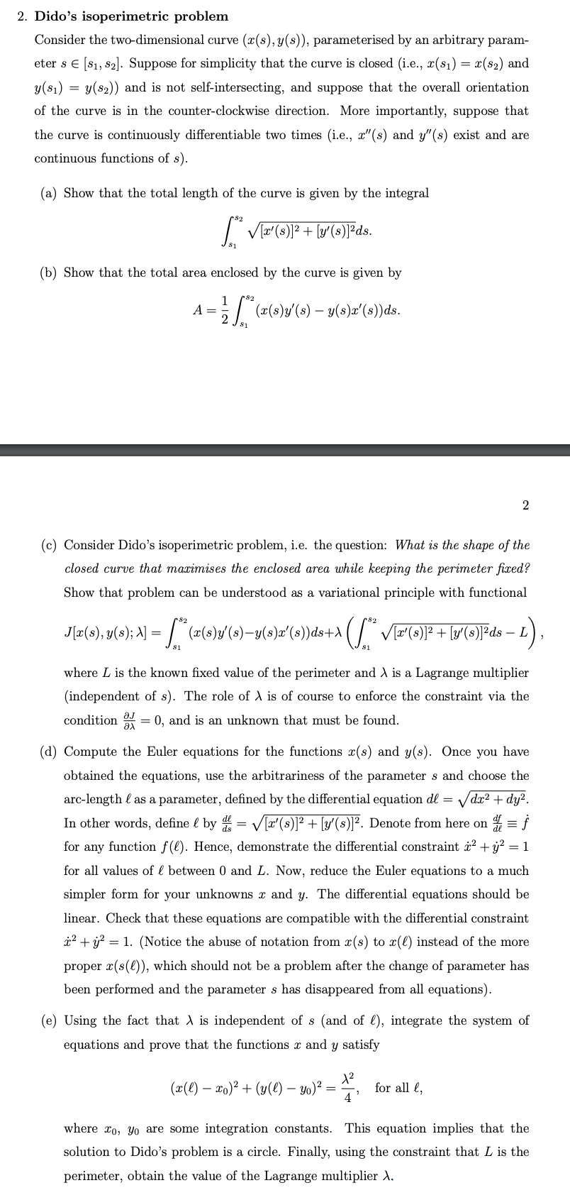 2. Dido's isoperimetric problem Consider the | Chegg.com