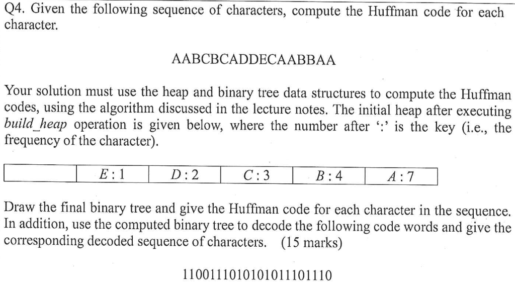 Solved Q4. Given the following sequence of characters, | Chegg.com