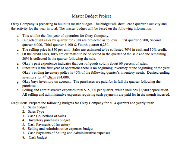 Solved Master Budget Project Okay Company is preparing to | Chegg.com