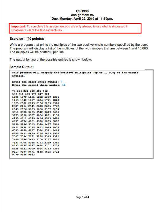 Solved CS 1336 Assignment #5 Due, Monday, April 22, 2019 at | Chegg.com