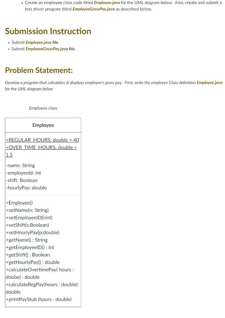 Solved - Create an employee class code titled Employee.java | Chegg.com
