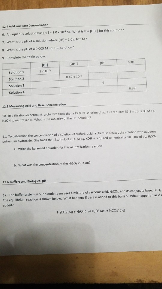 Solved 12.4 Acid and Base Concentration 6. An aqueous | Chegg.com