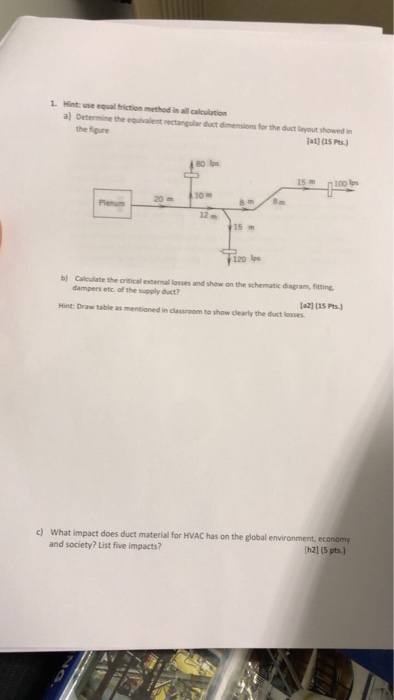 1. Hint: use equal friction method in all calculation | Chegg.com