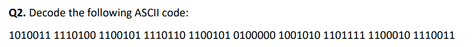 Solved Q2. Decode the following ASCII code: 1010011 1110100 | Chegg.com