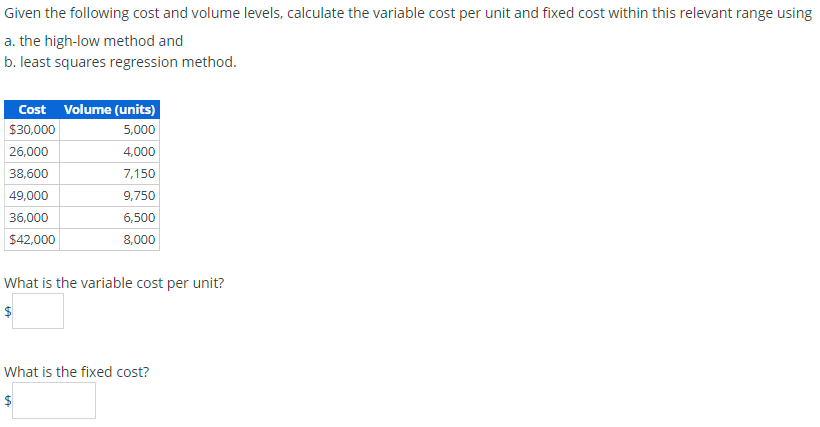 Solved Given the following cost and volume levels, calculate | Chegg.com