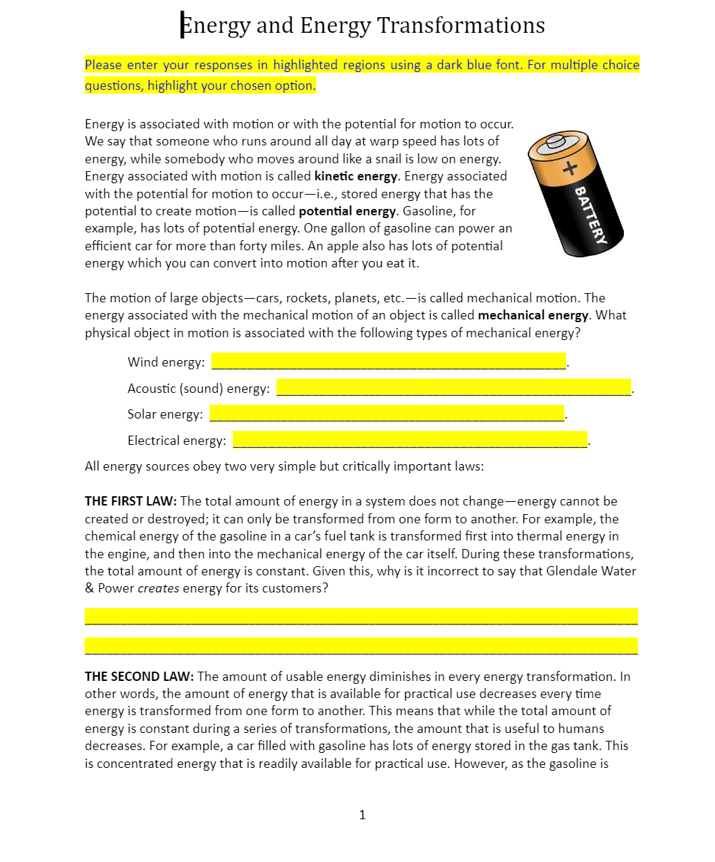 Energy Transformation Worksheet