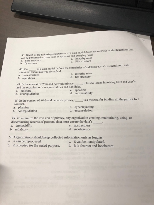 Solved Components Of A Data Model Describes Methods And Chegg