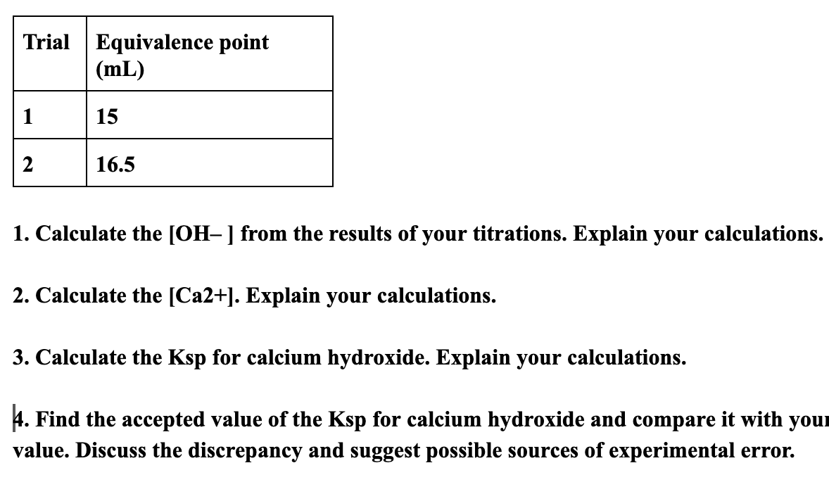 Solved Trial Equivalence point (mL) 1 15 2 16.5 1. Calculate | Chegg.com