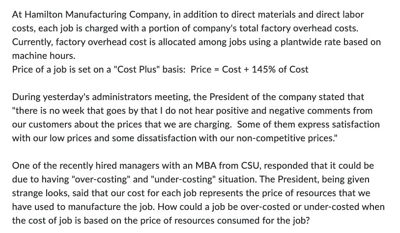 Solved At Hamilton Manufacturing Company, in addition to | Chegg.com