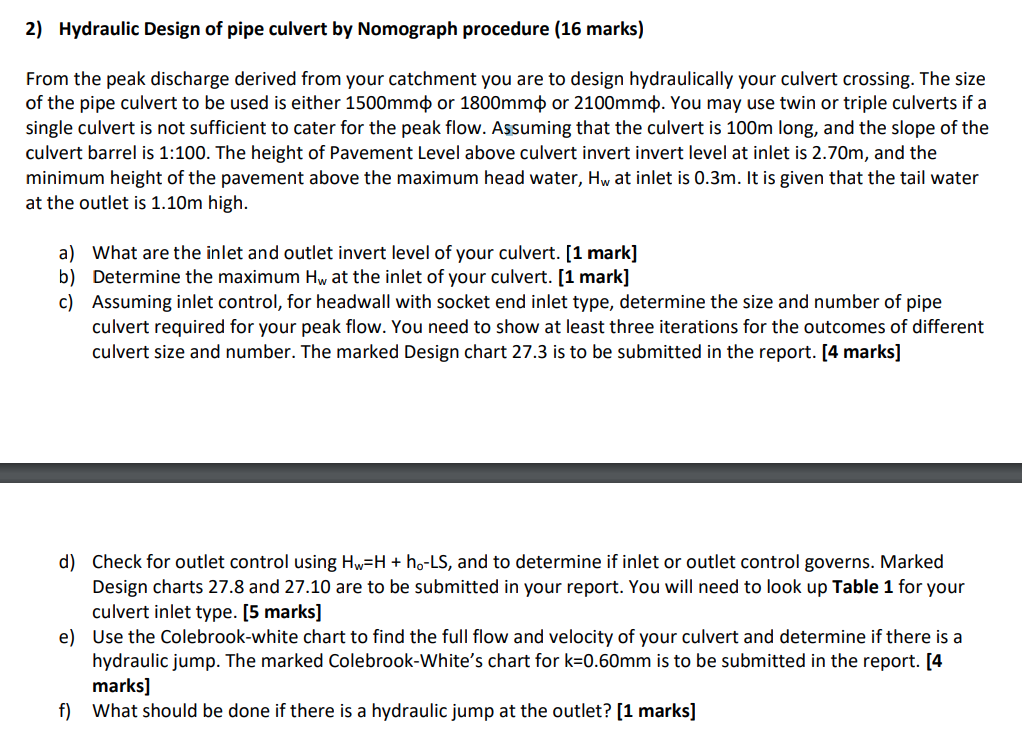 Solved 2) Hydraulic Design of pipe culvert by Nomograph | Chegg.com