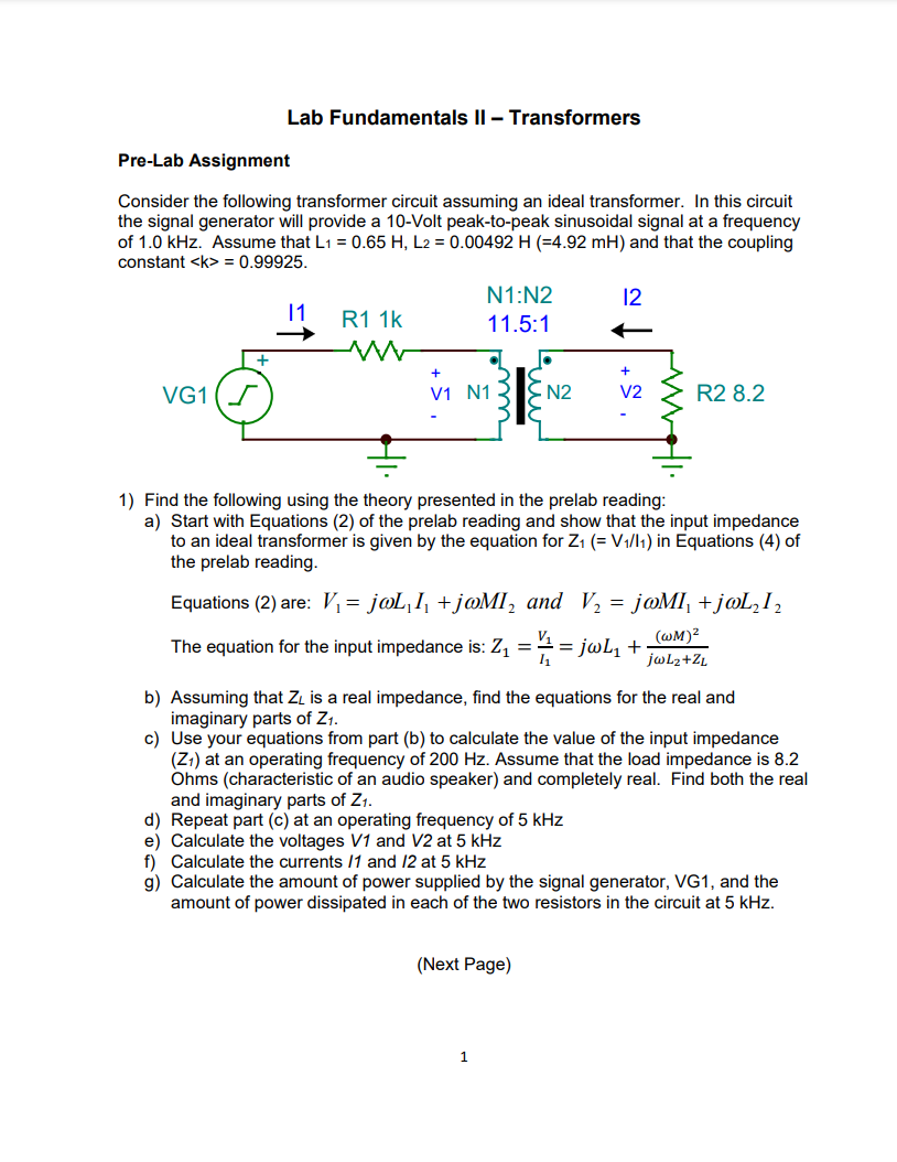 Solved Pre-Lab Assignment Consider the following transformer | Chegg.com