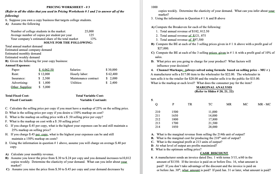 Solved PRICING WORKSHEET - #3 (Refer to all the slides that | Chegg.com
