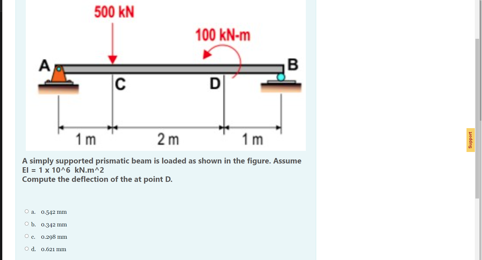 Solved 500 KN 100 kN-m A C D 1 m 2 m 1 m Support A simply | Chegg.com