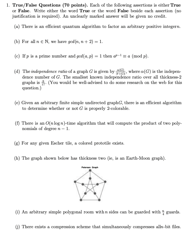 Solved True/False Questions (70 ﻿points). ﻿Each of the | Chegg.com