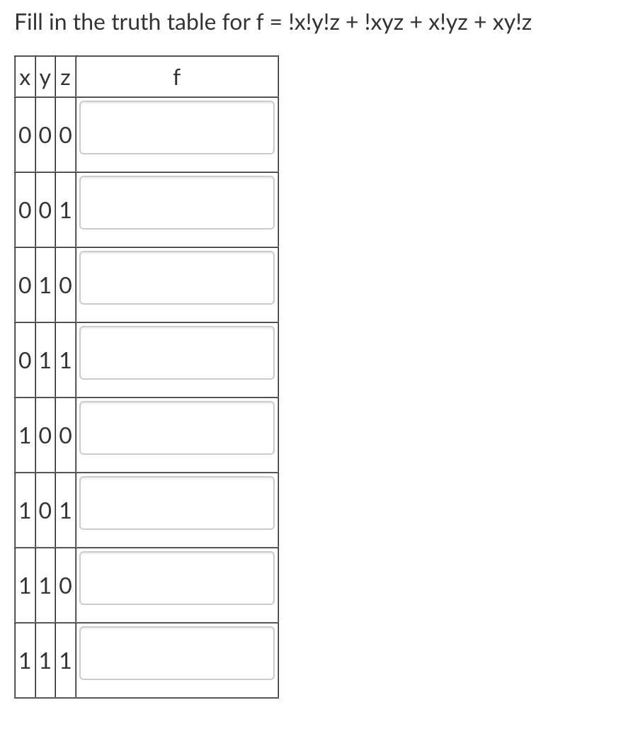 Solved Fill in the truth table for f=!x!y!z+!xyz+x!yz+xy!z | Chegg.com