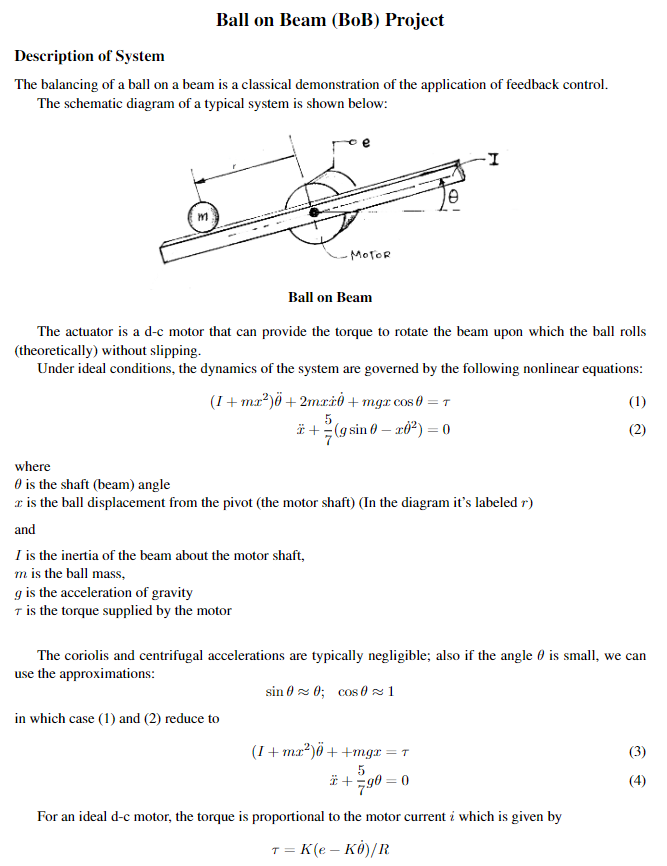 Solved Ball on Beam (BoB) Project Description of System The | Chegg.com