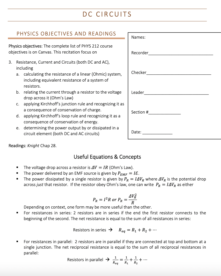 Solved DC CIRCUITS PHYSICS OBJECTIVES AND READINGS Names: | Chegg.com