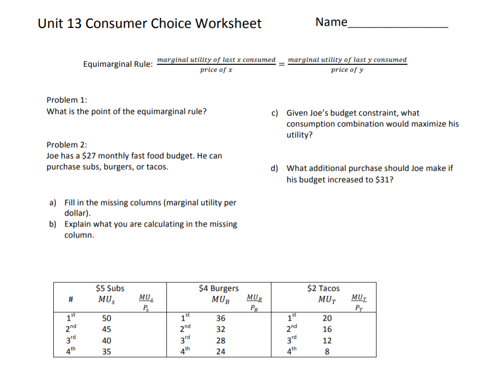 Solved Unit 13 Consumer Choice Worksheet Name Equimarginal | Chegg.com