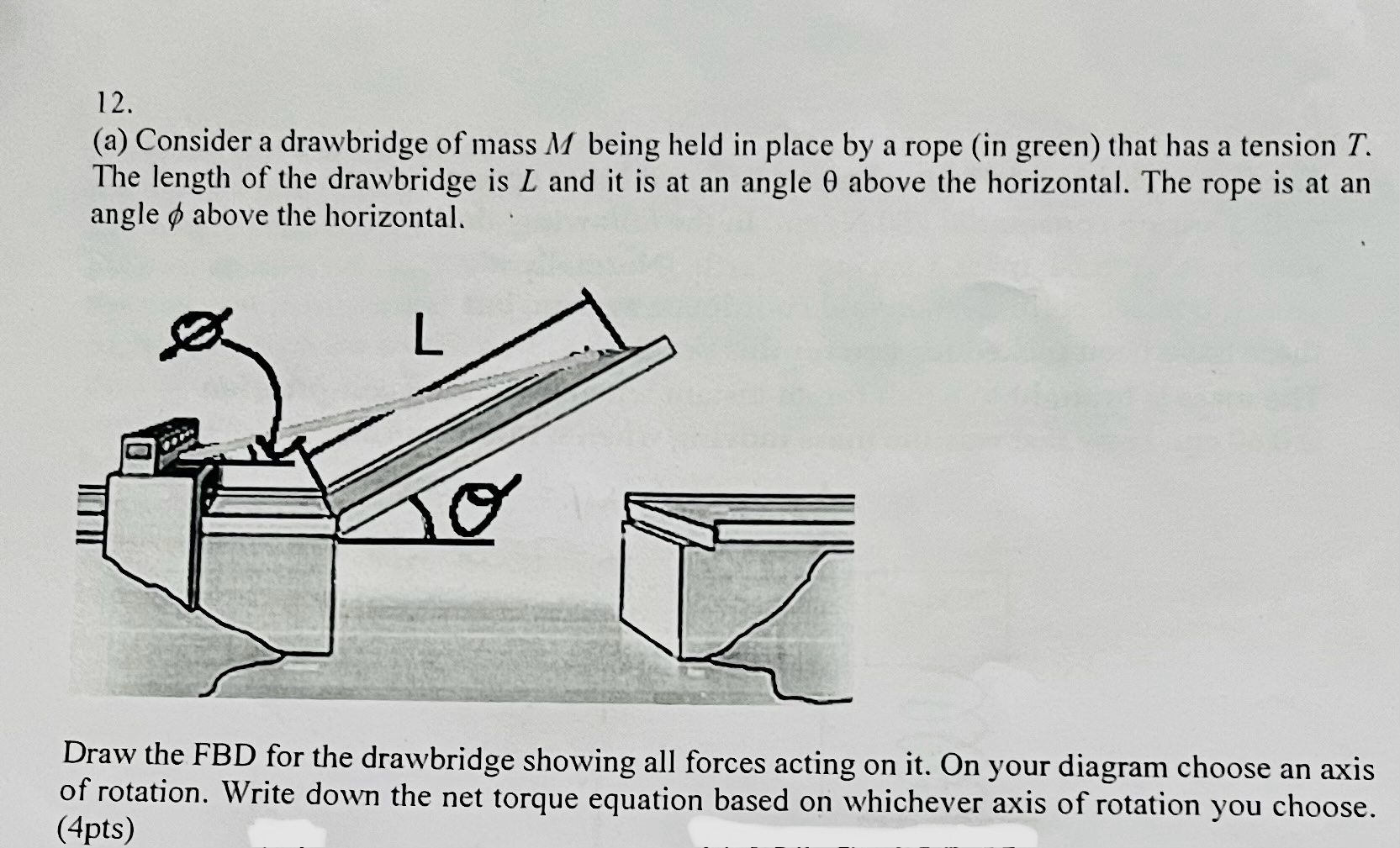Solved 12. (a) Consider a drawbridge of mass M being held in | Chegg.com