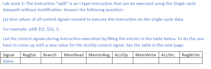 Solved Lab work 1: The instruction "addi” is an I-type | Chegg.com