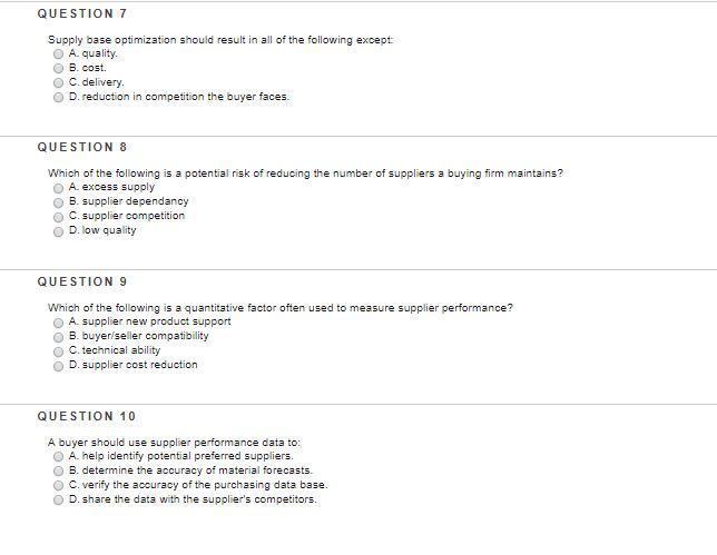 Solved QUESTION 7 Supply base optimization should result in | Chegg.com