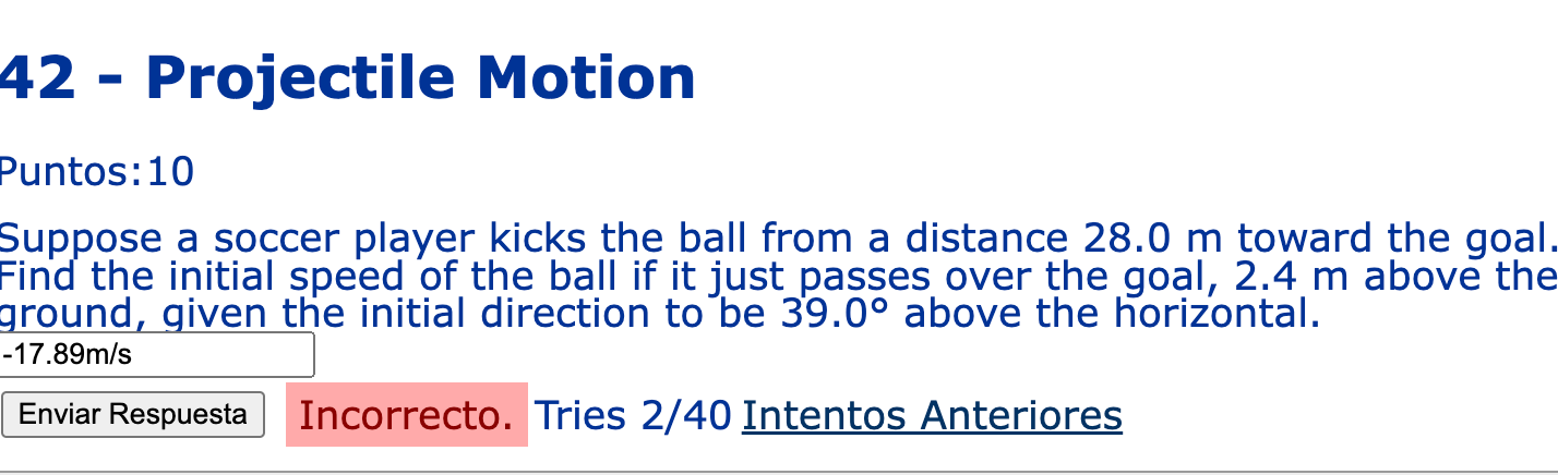 Solved 42 - Projectile Motion Puntos: 10 Suppose a soccer | Chegg.com