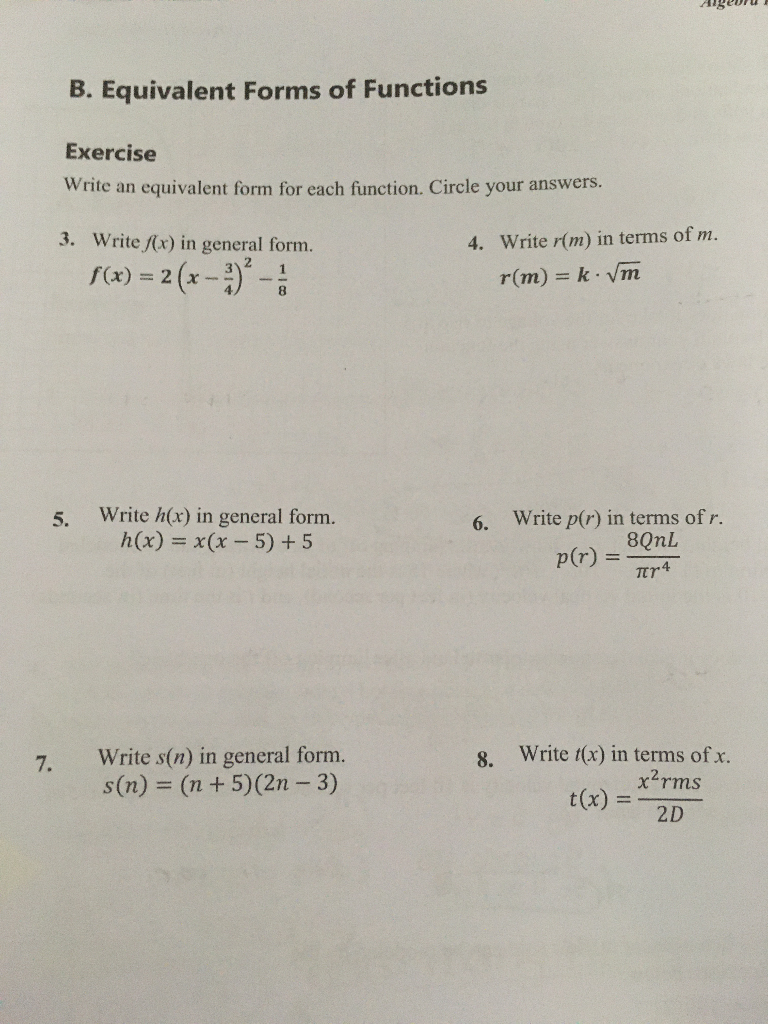 Solved Agewiu B. Equivalent Forms of Functions Exercise | Chegg.com