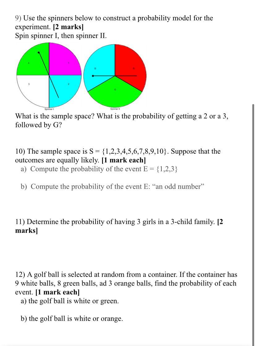 Solved 9) Use the spinners below to construct a probability | Chegg.com