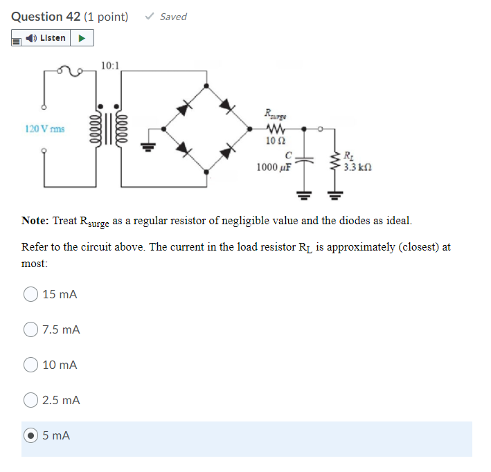 Solved Saved Question 42 (1 point) Listen 10:1 Rurg 120 Vrms | Chegg.com
