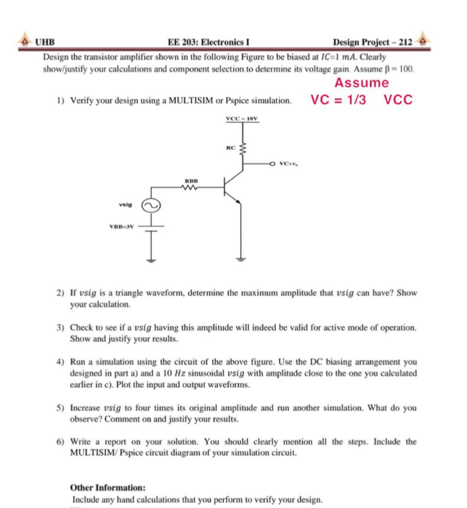 Solved UHB EE 203: Electronics I Design Project - 212 Design | Chegg.com