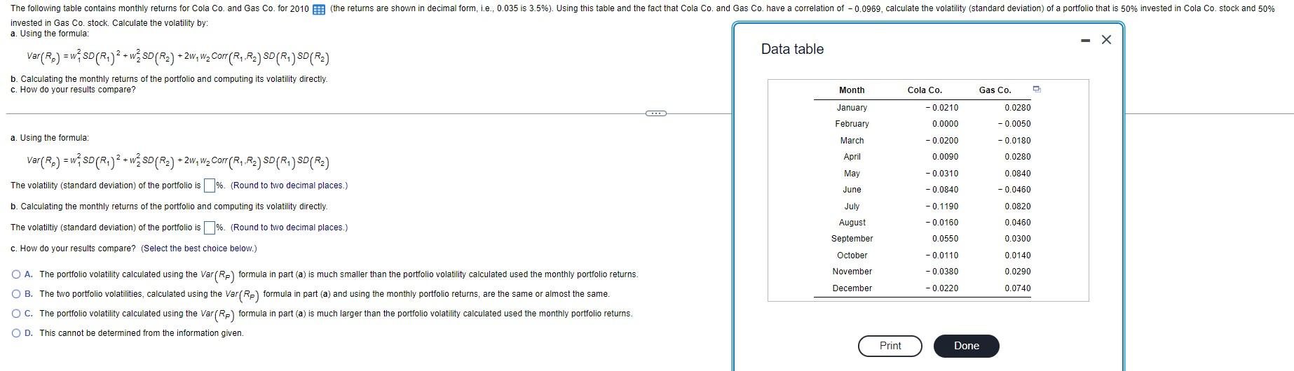 Solved The following table contains monthly returns for Cola | Chegg.com