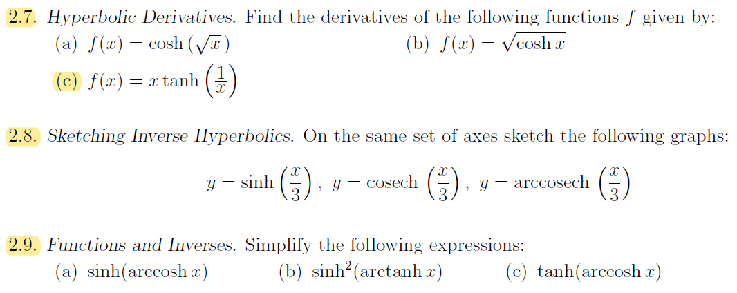 Solved 2.7. Hyperbolic Derivatives. Find the derivatives of | Chegg.com