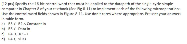 (12 pts) Specify the 16-bit control word that must be | Chegg.com