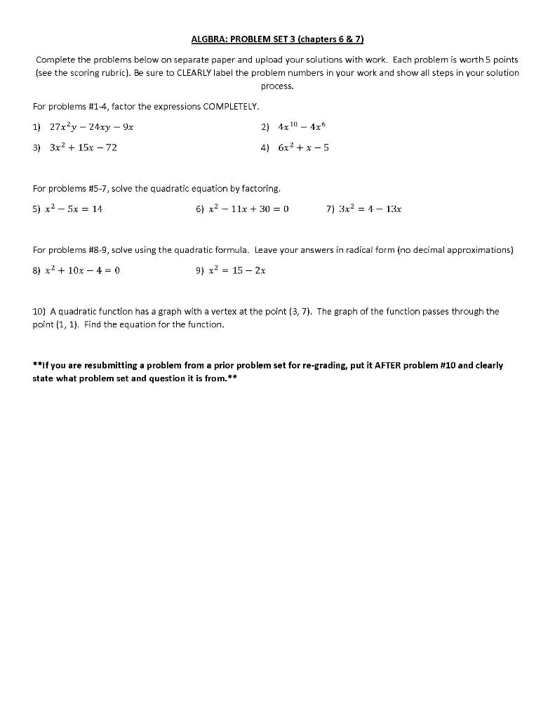 Solved ALGBRA: PROBLEM SET 3 (chapters 6 & 7) Complete the | Chegg.com