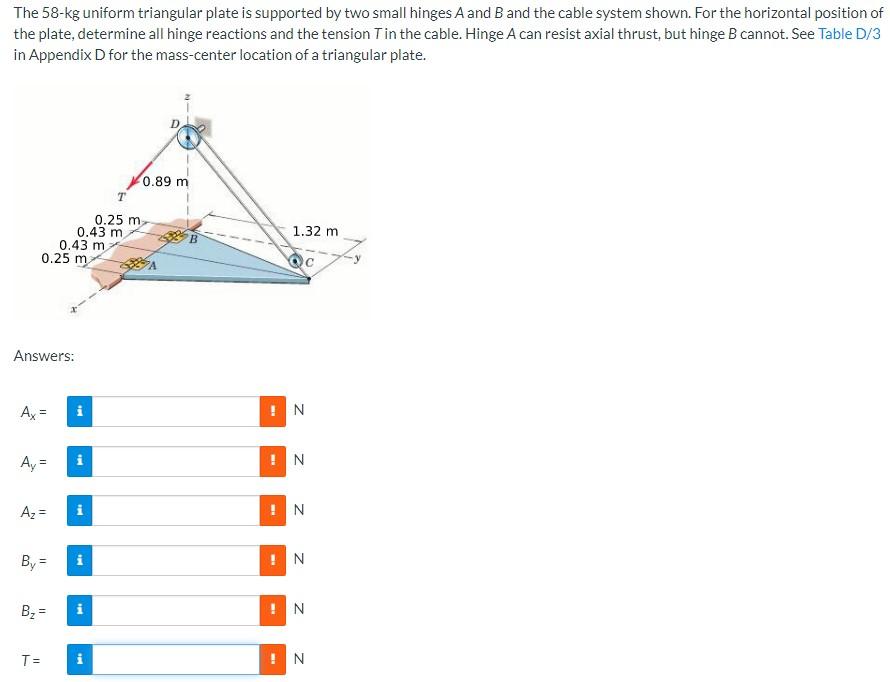 Solved The 58−kg uniform triangular plate is supported by | Chegg.com
