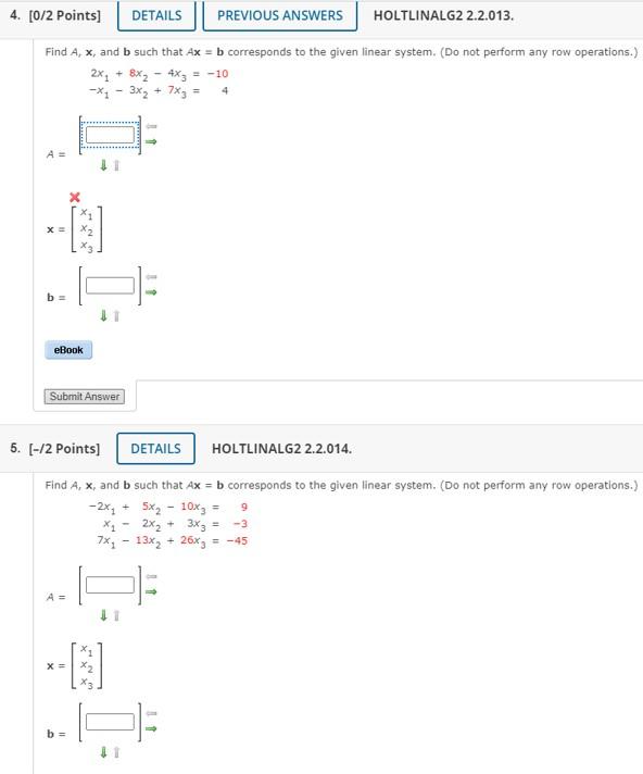 Solved 4. [0/2 points) DETAILS PREVIOUS ANSWERS HOLTLINALG2 | Chegg.com Solved 4. [0/2 points) DETAILS PREVIOUS ANSWERS HOLTLINALG2 | Chegg.com