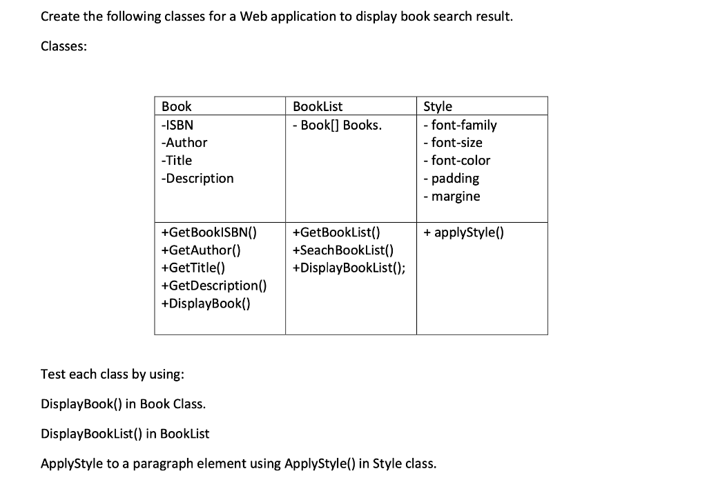 Solved Create the following classes for a Web application to | Chegg.com