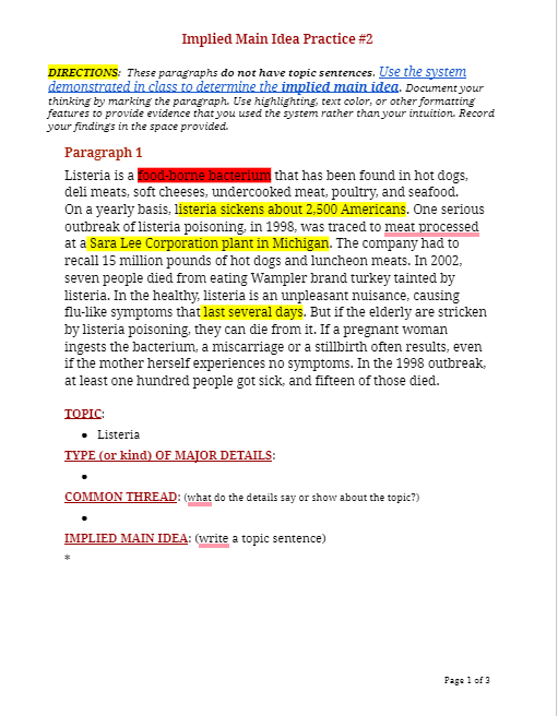 Implied Main Idea Practice \#2 DIRECTIONS: These | Chegg.com