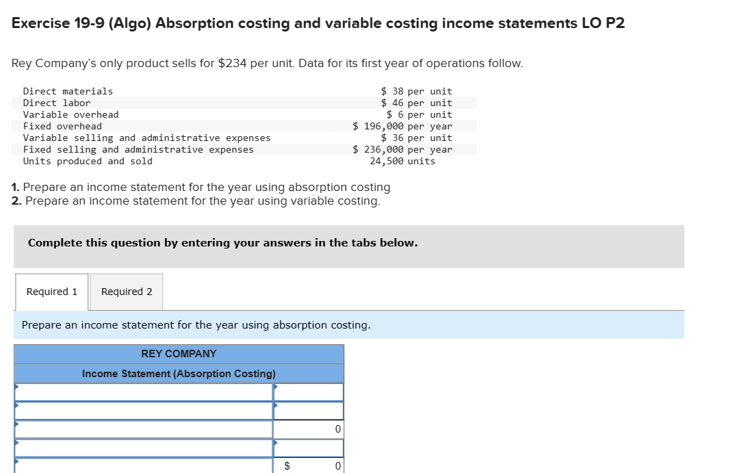 Solved Exercise 19-9 (Algo) ﻿Absorption costing and variable | Chegg.com