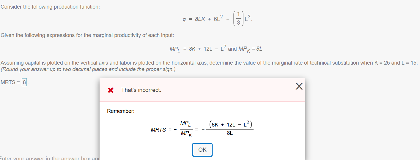 Solved Consider The Following Production Function Q 8lk