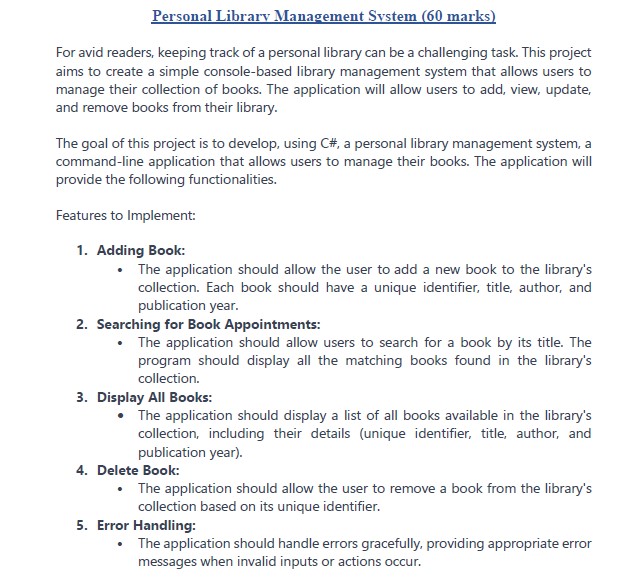 Solved Personal Librarv Management Svstem (60 marks) For | Chegg.com