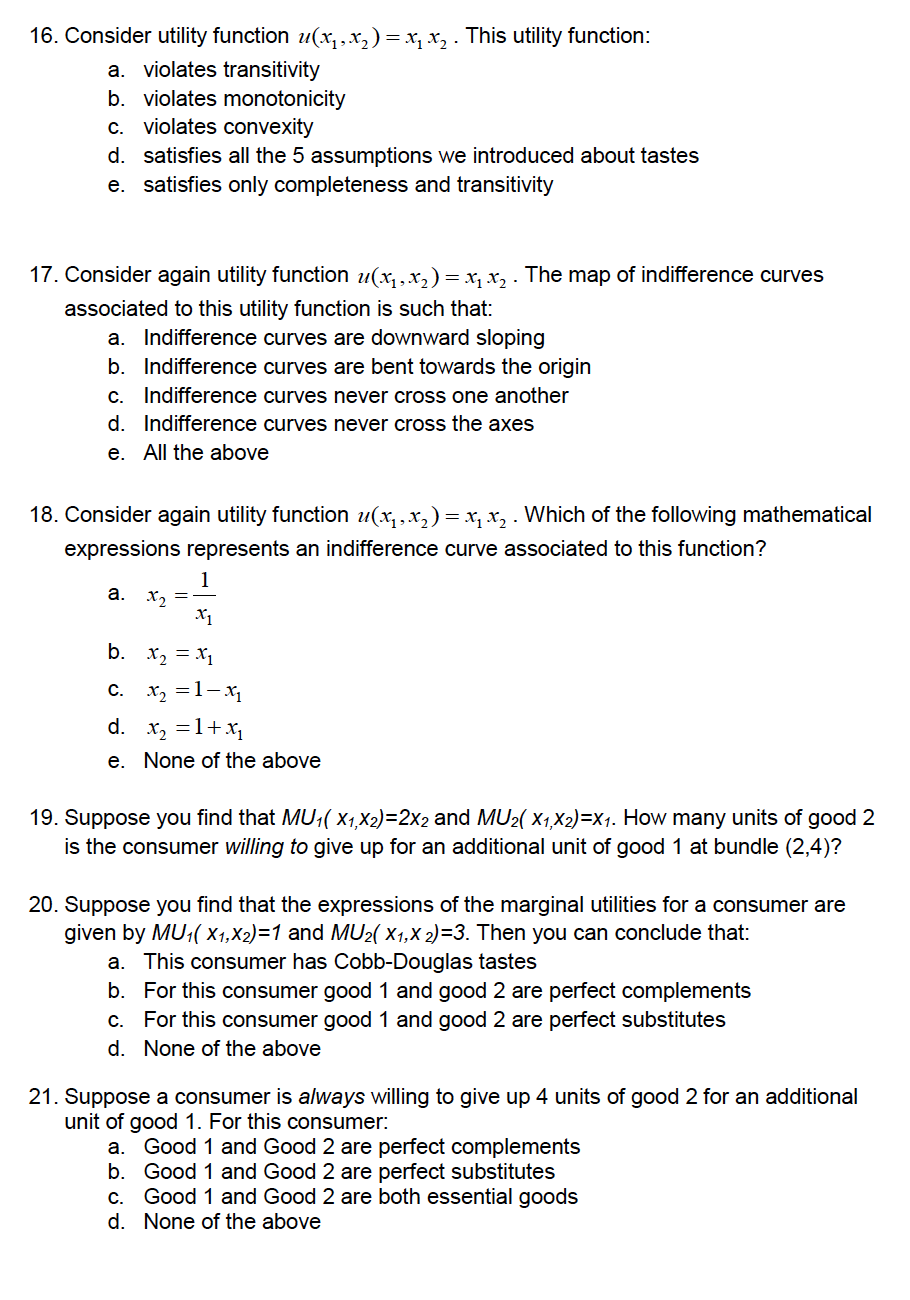 Solved 16. Consider utility function u(x,,x,) = x, x, . This | Chegg.com