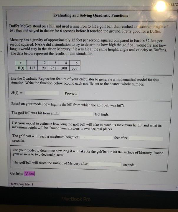 Solved /22/12 Evaluating and Solving Quadratic Functions | Chegg.com