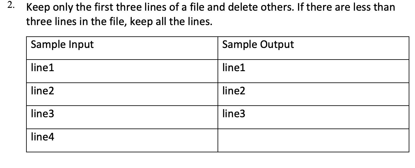 Solved 2. Keep only the first three lines of a file and | Chegg.com