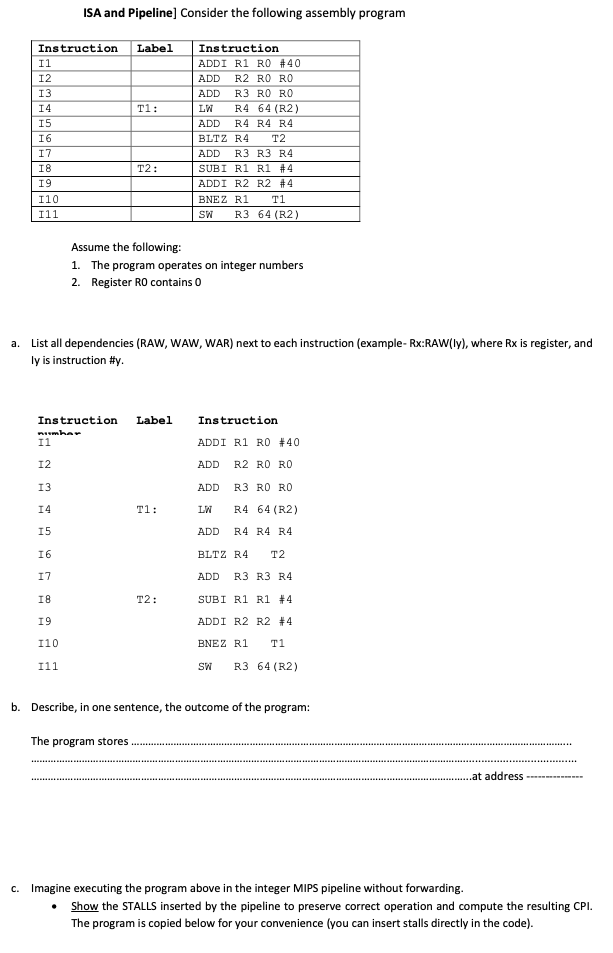 ISA and Pipeline) Consider the following assembly | Chegg.com