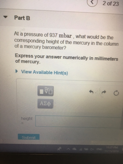 Solved Units of pressure The column of a mercury barometer | Chegg.com
