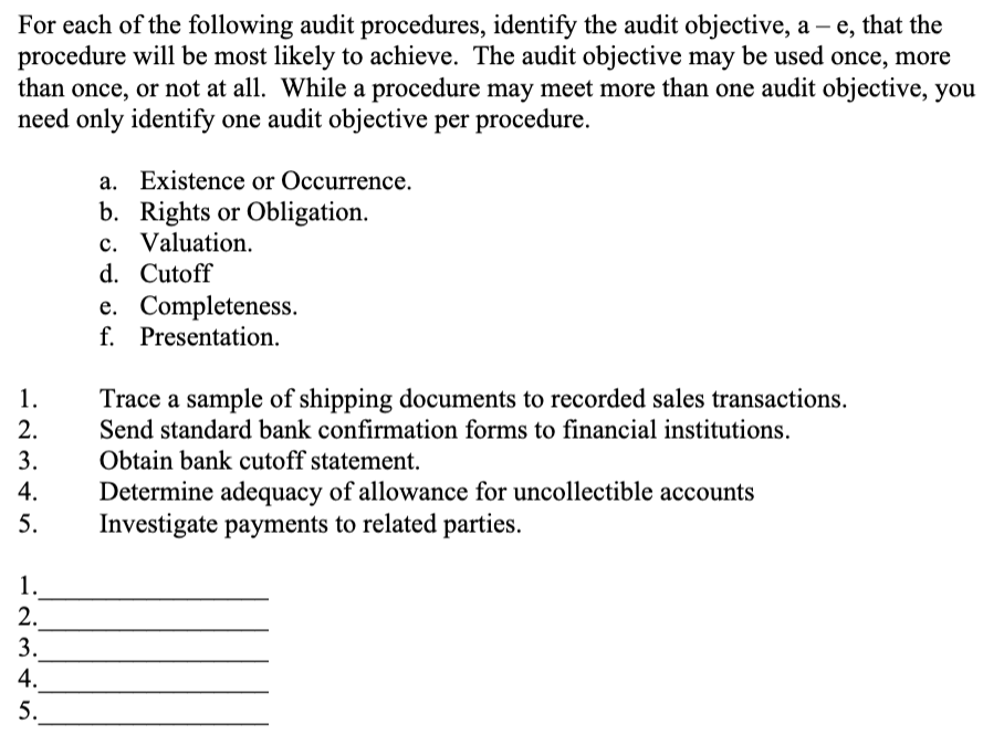 Solved For each of the following audit procedures, identify | Chegg.com